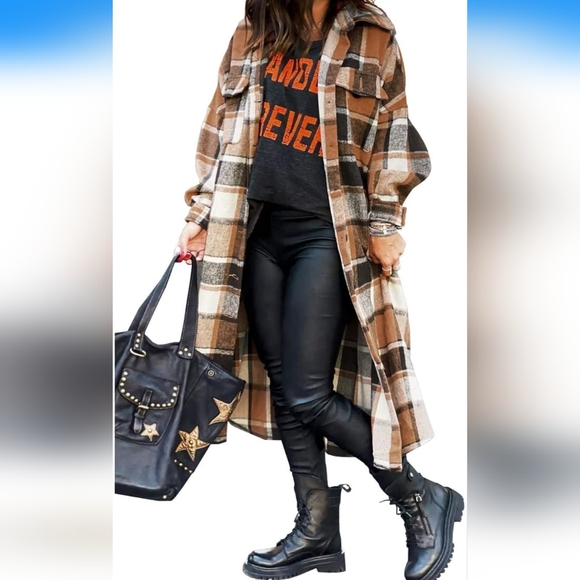 Jackets & Coats | Neutral Plaid Flannel Long Oversized Shacket Button ...